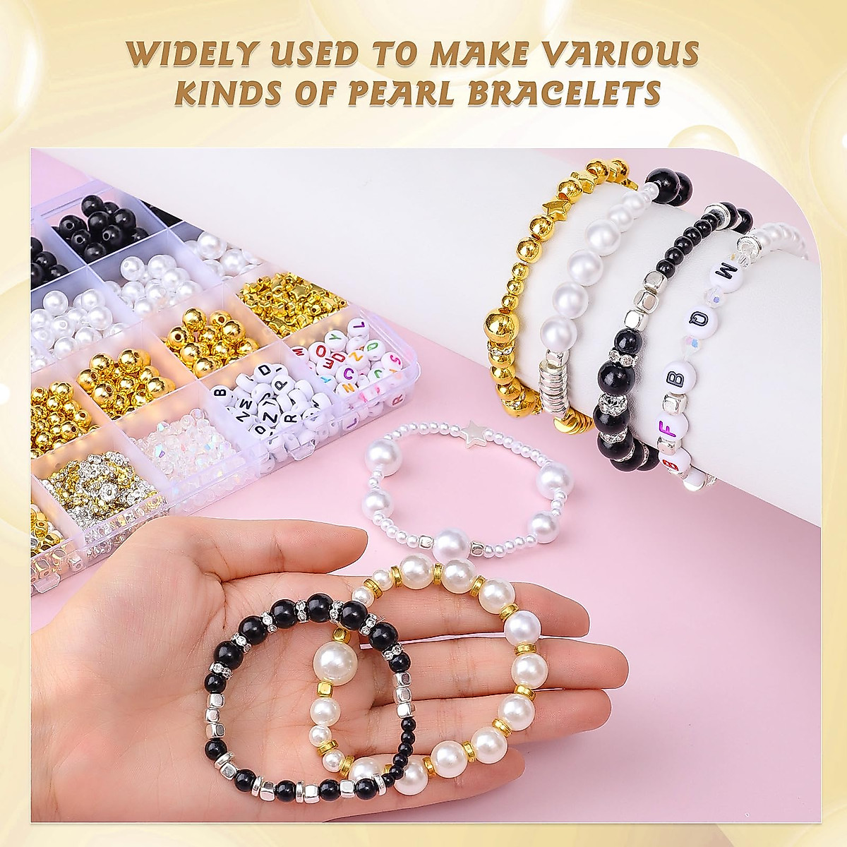 JADVY 1800 pcs Pearl Beads for Jewelry Making Kit with Spacer Beads, Black/White/Gold Pearl Beads for Bracelets, Necklaces, Earrings, DIY Pearls Bracelet Making Kit, Pearl Beads & Bead Assortments