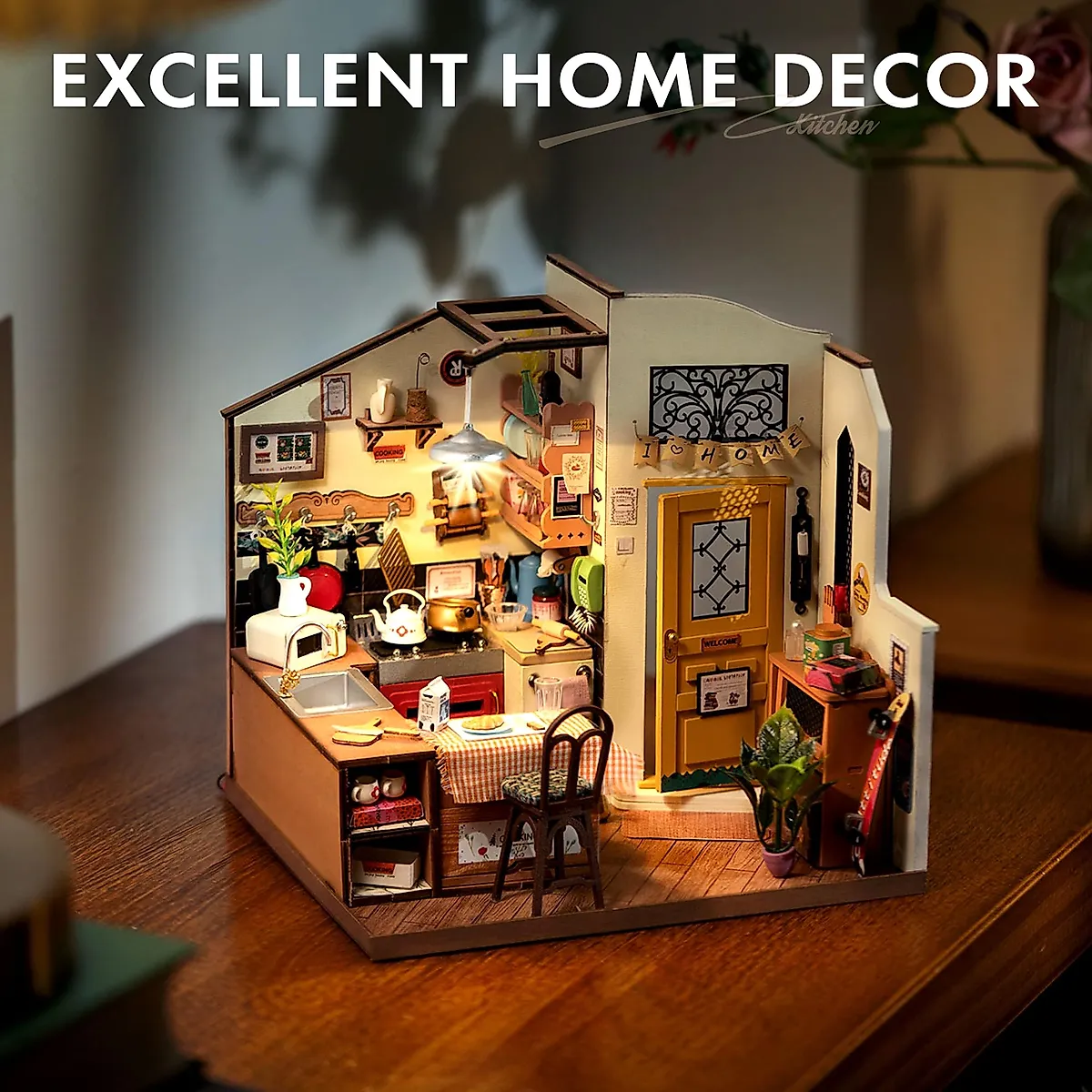 ROBOTIME Miniature House Kit DIY Mini Dollhouse with Furniture Tiny Room Kit with LED Light Hobby Wooden Craft Diorama Gift for Kids & Adults (Cozy Kitchen)