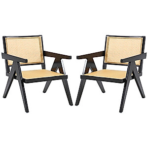 ABET Cane Accent Chairs Set of 2, Wooden Comfy Rattan Living Room Chairs with Woven Backrest & Seat, Solid Leisure Armchair, Mid-century Boho Cane Lounge Chairs for Bedroom, Patio, Balcony, Black