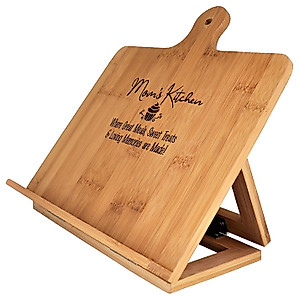 Mom Gift Cookbook Stand Recipe Holder - Custom Engraved Bamboo Cutting Board Foldable Chef Easel Metal Hinge Kickstand iPad Tablet Compatible Christmas Birthday Mothers Day Kitchen Decor (10.25x10.25)