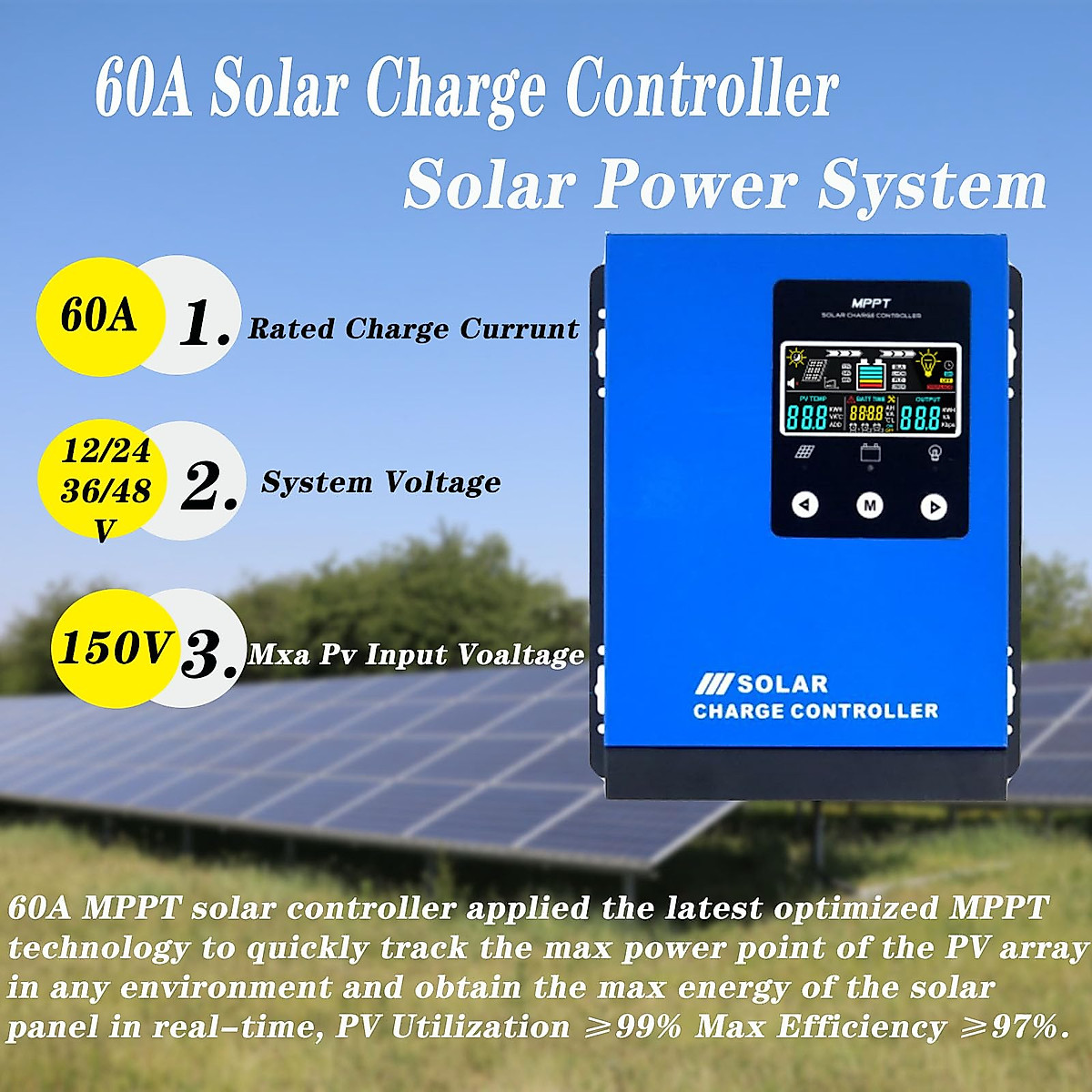 60A MPPT Solar Charge Controller 12V/24V/36V/48V Auto,Solar Charger Regulator Intelligent Regulator Support Wide Range of Batteries