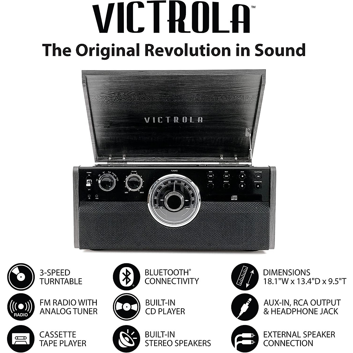 Victrola Empire Mid-Century 6-in-1 Turntable with 3 Speed Record Player, Bluetooth Connectivity, Radio, Cassette and CD Player (Espresso)