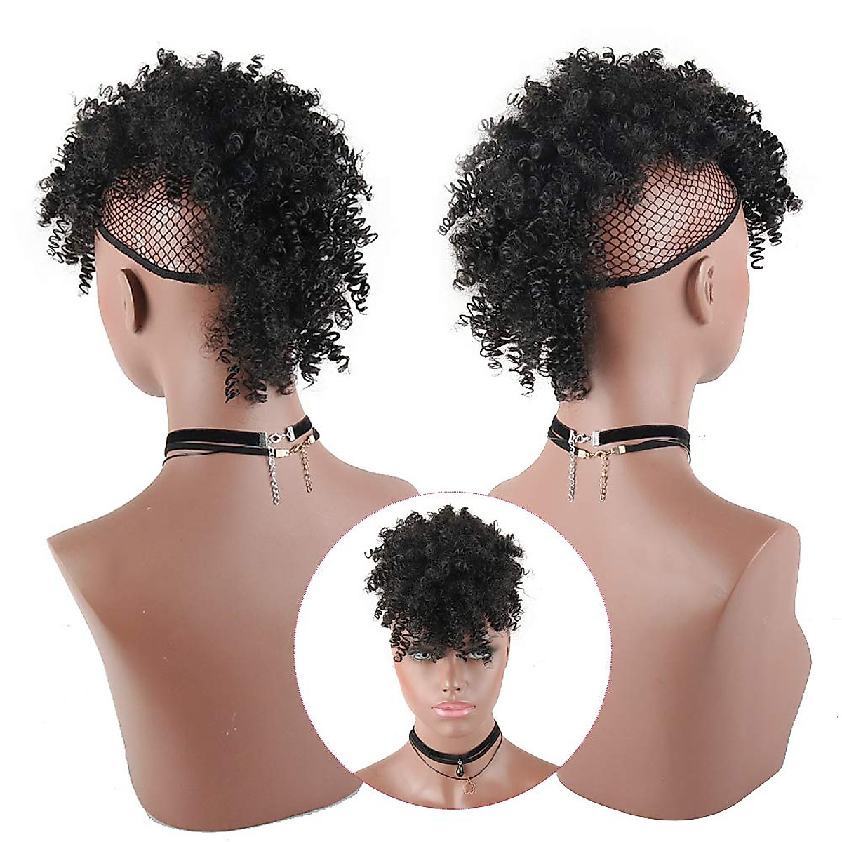 Aisaide High Puff Afro Mohawk Ponytail with Bangs No Drawstring,Short Kinky Curly No Drawstring Ponytail Extension,Synthetic Clip in Mohawk Ponytail Bun with Bangs,Wrap Updo Clip in Hair Extensions
