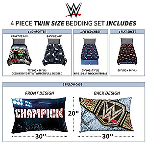 WWE Kids Bedding Comforter and Sheet Set, 4 Piece Twin Size, by WWE, Black/Multicolor