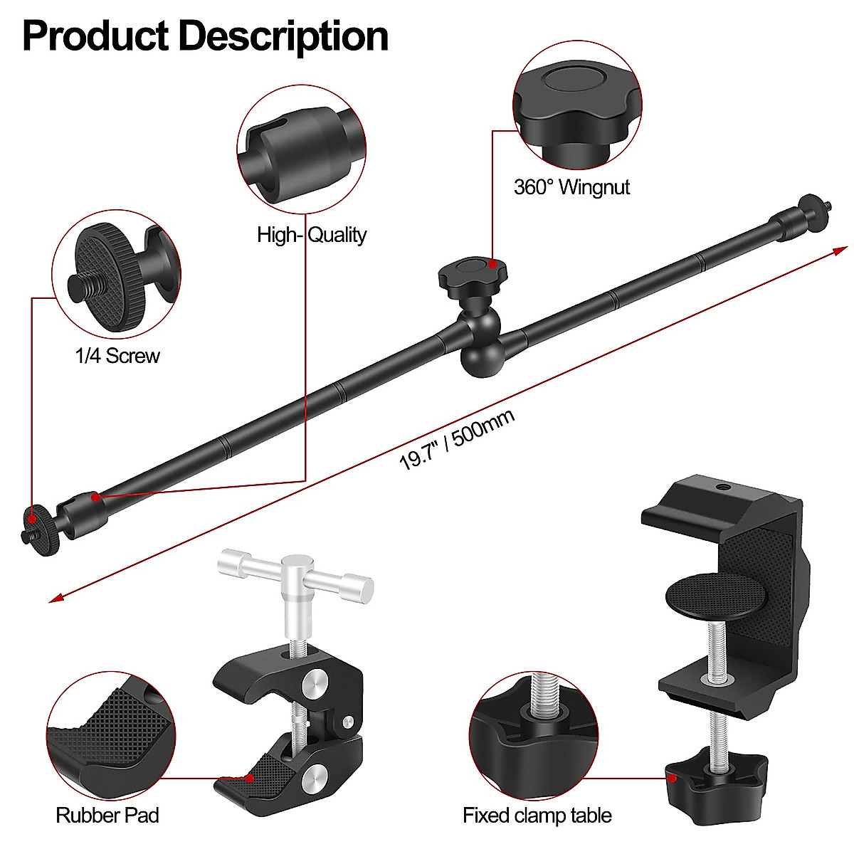 Toolour Magic Arm Camera Mounts Clamps w/ 1/4" and 3/8" Thread, 19.7” Adjustable Friction Power Articulating Arm with 2.6" Super Clamp for LCD Monitor/LED Light/Camera Video Rig/Smartphone