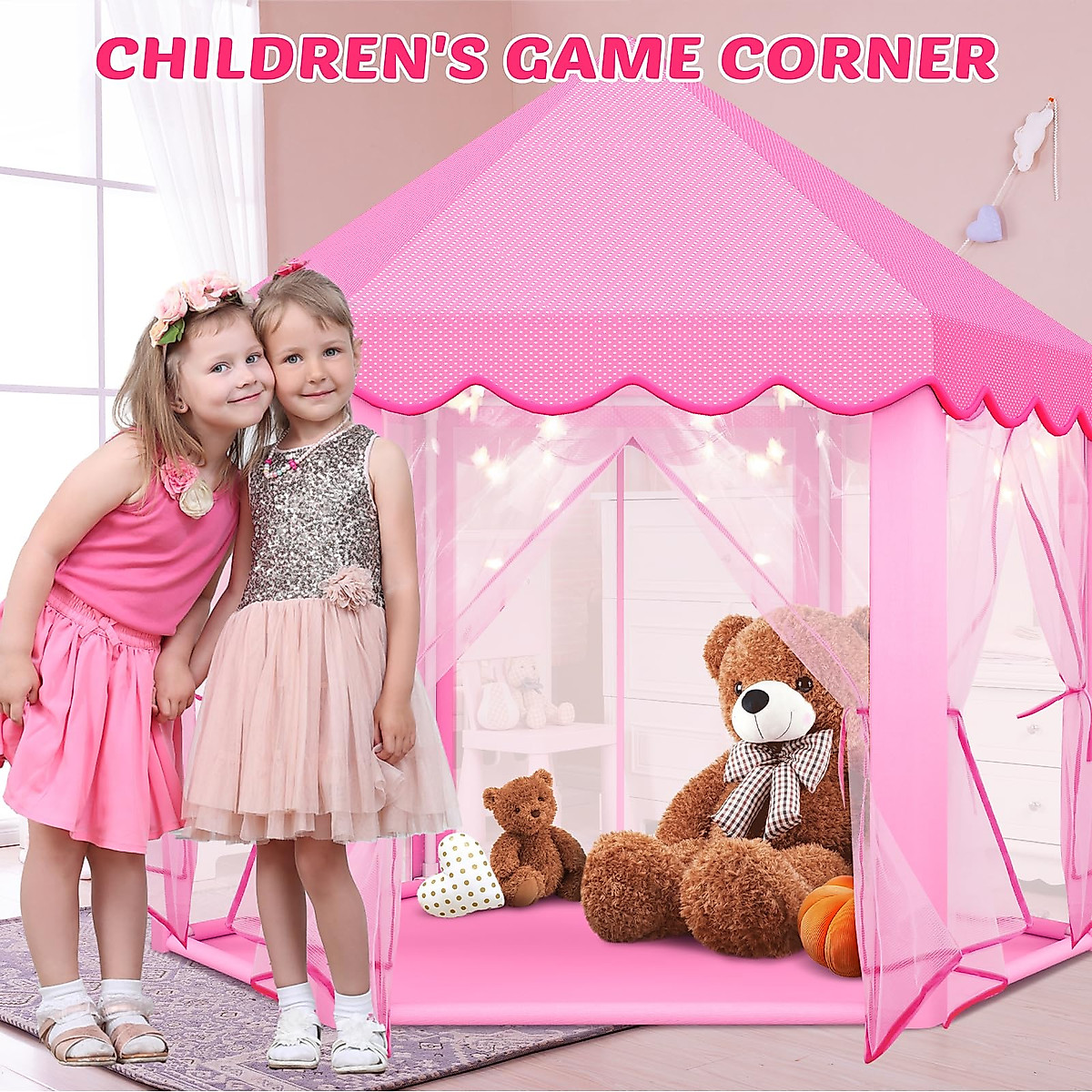 Princess Tent Girls Large Playhouse Kids Castle Play Tent with Star Lights Toy for Children Indoor and Outdoor Games for Ages 3 4 5 6 Year Old
