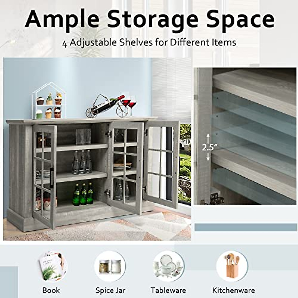 Giantex Buffet Cabinet with Storage, Farmhouse Large Sideboard, 3 Glass Door Adjustable Shelves, Anti-toppling Design, Wooden Credenza Cupboard for Living Room, Kitchen (Grey)