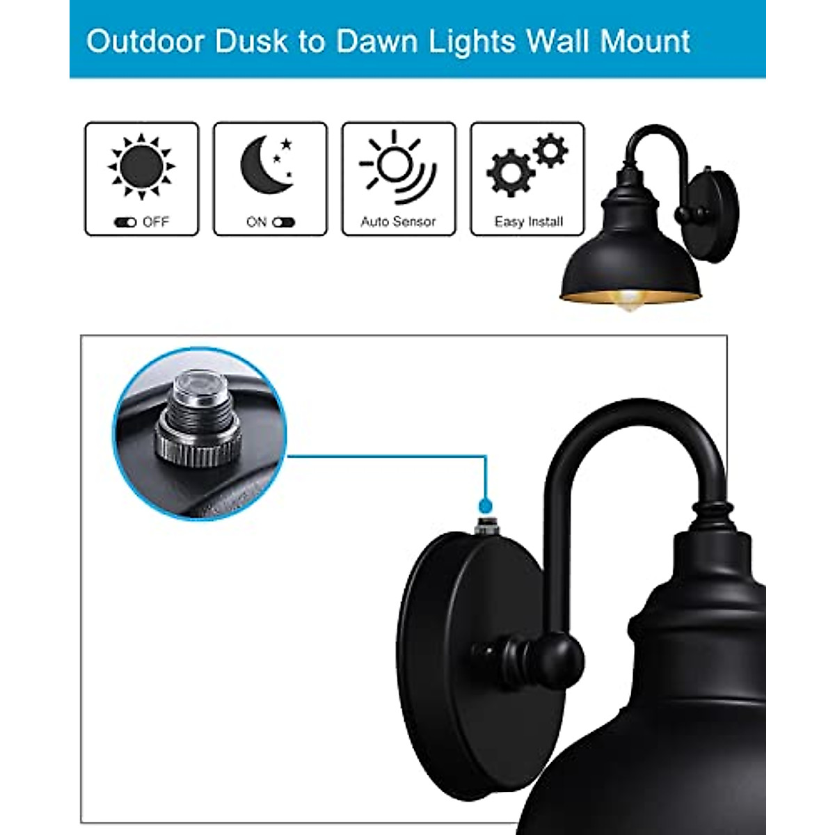 Dusk to Dawn Outdoor Wall Light,Includes LED Filament Bulb,Black Farmhouse Porch Light,Barn Lights Outdoor,Outdoor Gooseneck Lighting,Exterior Light Fixture,Outdoor Light for House,Garden,Garage,Yard