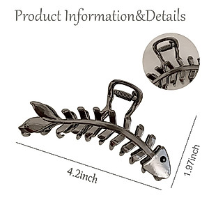 KOLONAMS Hair Clip - Metal Black Fish Bone Shape Hair Clip - 4.3 inch - Hairpin Claw Clip for Women and Girls - Large Fishbone Claw Clip Hair Accessory - Mysterious Black