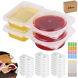 CJT Double Compartment Condiment Containers with Lids, New Disposable 2 Compartment Snack Containers, Portion Cups Reusable Plastic Snack Container for to-go Sauce, Sampling, Travel Snack-24PCS