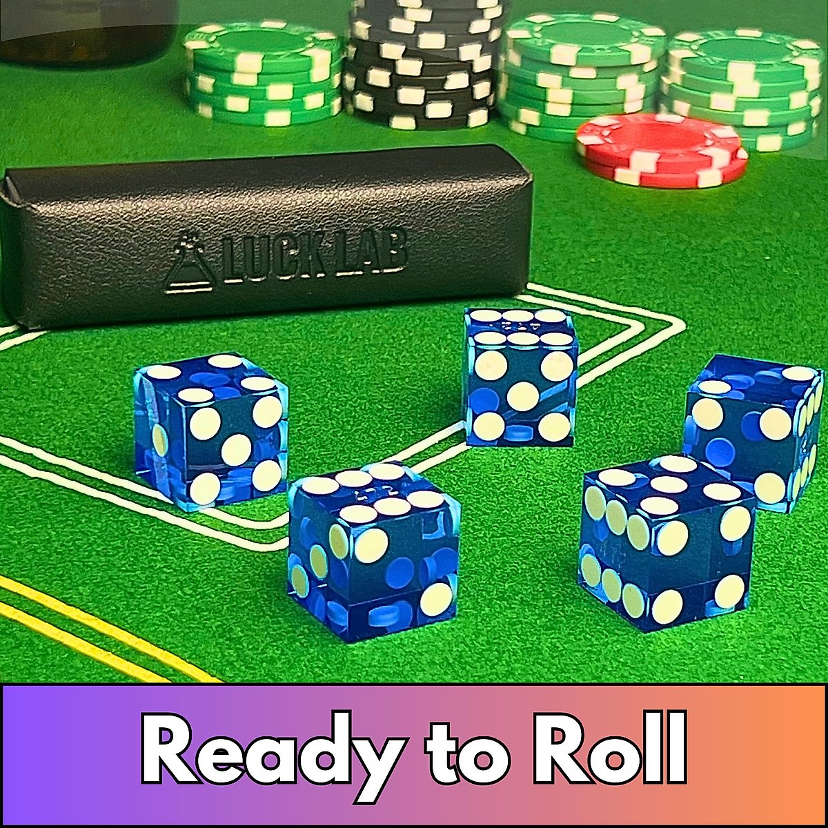 Luck Lab Grade AAA 19mm Casino Dice with Razor Edges and Matching Serial Numbers Set of 5 and Leather Dice Case, Blue
