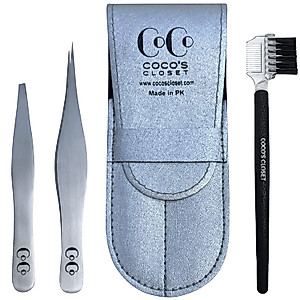 Cocos Tweezers - Surgical Grade Stainless Steel - Slant Tip for Expert Eyebrow Shaping and Facial Hair Removal - with Bonus Protective Pouch - Best Tweezer for Men and Women