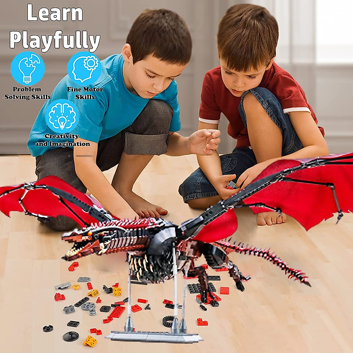Building Toys Dragon Set Building Kit 1889 Pieces STEM Building Blocks for Boys Red Fire Dragon Construction Set with Wings & Base Holder Building Bricks Display Collection Great Gift for Adult
