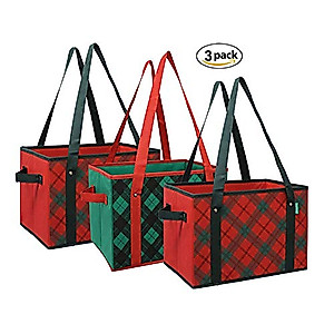 Earthwise Deluxe Collapsible Reusable Shopping Box Grocery Bag Set with Reinforced Bottom Plaid Holiday Xmas Christmas Design Storage Boxes Bins Cubes (Set of 3) (Holiday)