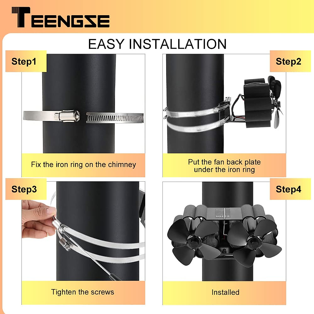 TEENGSE Heat Powered 8 Blade Wood Stove Fan, Flue Pipe Hanging Fireplace Fan for Home Wood Burning Stove Silent Indoor Stove Accessory Heat Distribution-Black with Magnetic Thermometer