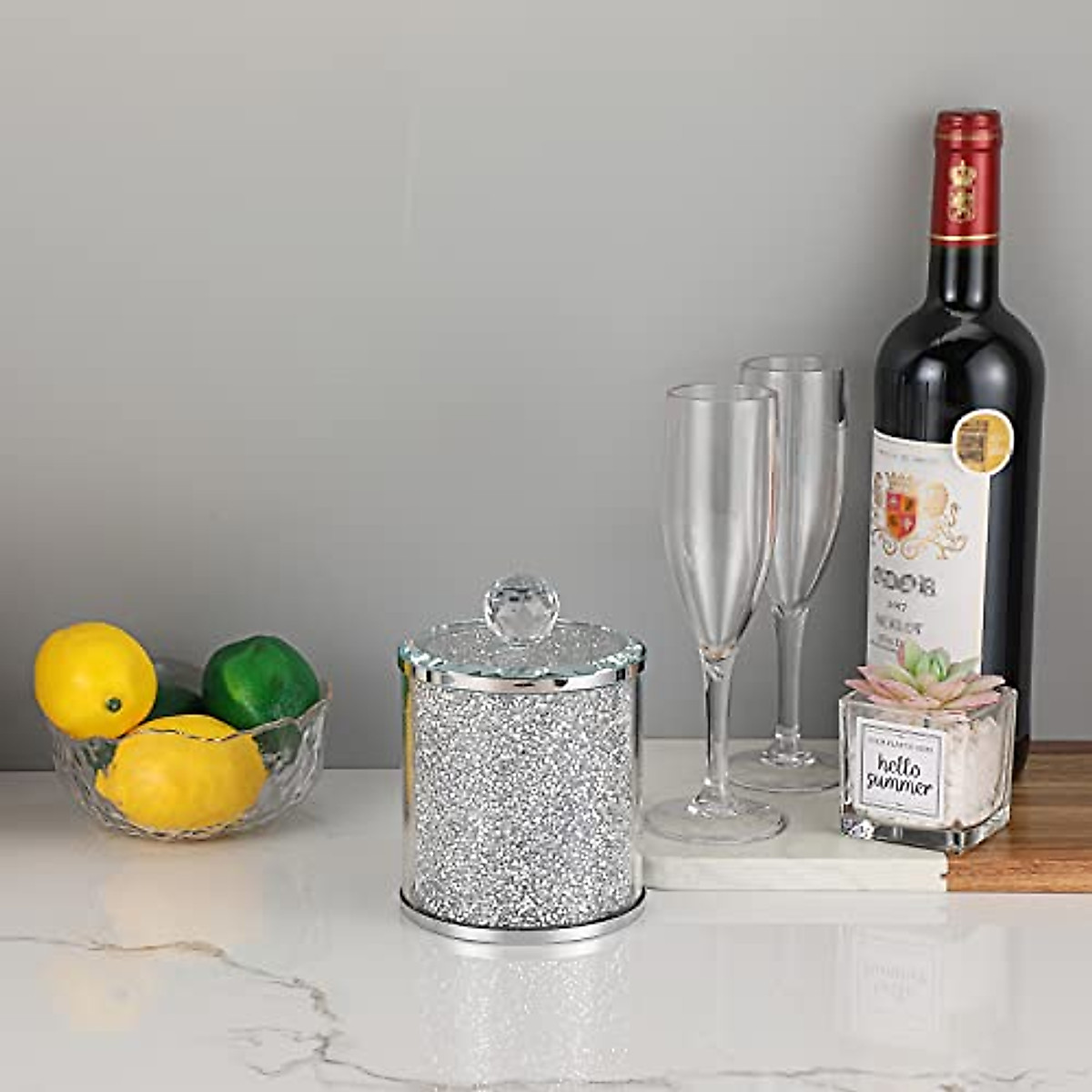 JUXYES Sparkle Glass Crushed Diamonds Canister for Sugar Coffee Tea, Luxurious Diamond Style Storage Containers Sets with Lids Decorative Storage Jar for Kitchen Counter Dining Room