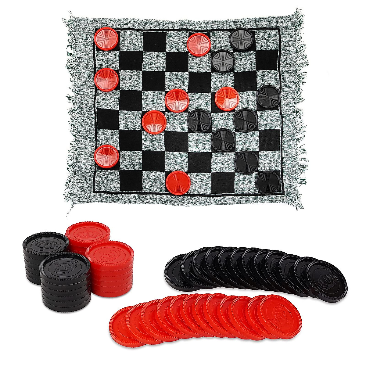 Win SPORTS 3 in 1 Giant Checkers,Mega Tic Tac Toe,Indoor Outdoor Jumbo Classic Board Games,30”Reversible Rug with 24 Checkers Pieces,Checkers Cloth Mat Game for Travel,Family Party,BBQ