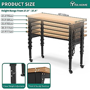 YITAHOME Work Bench 48" L X 20" W Adjustable Workbench for Garage W/Pegboard & Power Outlets Hardwood Top Heavy-Duty Workstation, 1600 LBS Load Capacity with Wheels for Workshop, Office, Home Outdoor