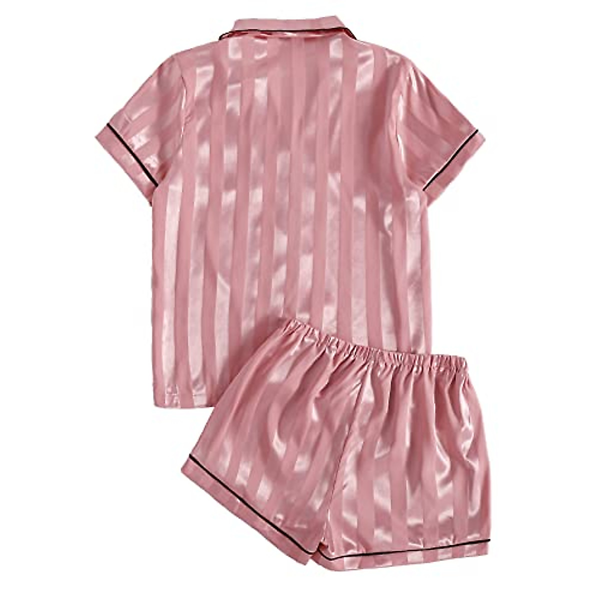 Umenlele Women's Silky Satin Striped Pajamas Short Sleeve Top with Shorts Sleepwear PJ Set Pink Small