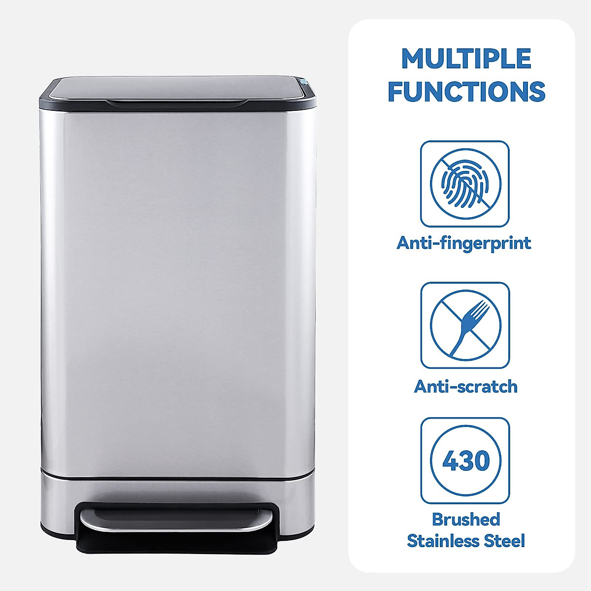 Kitchen Trash Can - ELPHECO - 13.2 Gallon Stainless Steel Garbage Bin with Soft Slow Lid, 50 Liter Pedal Trash Can, Durable Pedal, Removable Plastic Inner Bucket Waste Bin for Office, Kitchen, White