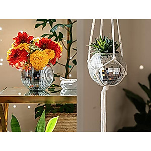 Havenstone Home Hanging Disco Ball Planter 6" with Flat Base - Includes Self-Watering Insert + White Cotton Macrame Plant Hanger- Indoor/Outdoor Plants, Home Décor & Room Décor with Cotton Rope
