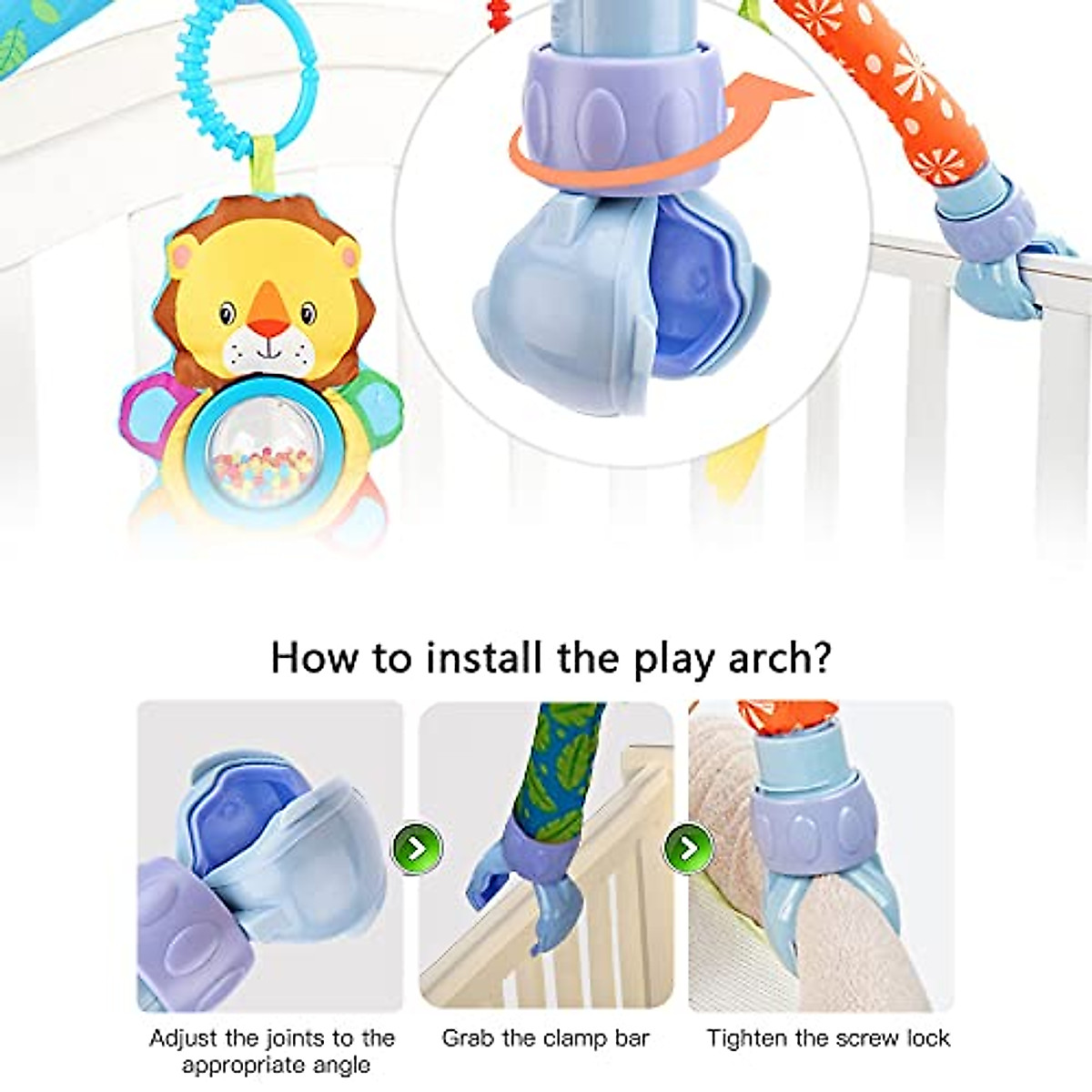Adjustable Baby Travel Play Arch, Detachable Activity Musical Animal Toys Mobile for Bassinet Crib Stroller Pram Car Seat Mobiles Width Among 11.6-20.2 Inch with Rattles BB Squeaker Teether