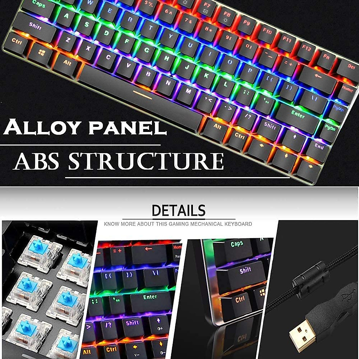 FELICON Mechanical Keyboard, 82 Keys Compact Rainbow Blacklight Wired Gaming Keybaord with Blue Switch, Anti-Ghosting, Small and Portable Composition with Windows PC Laptop Mac Game Office