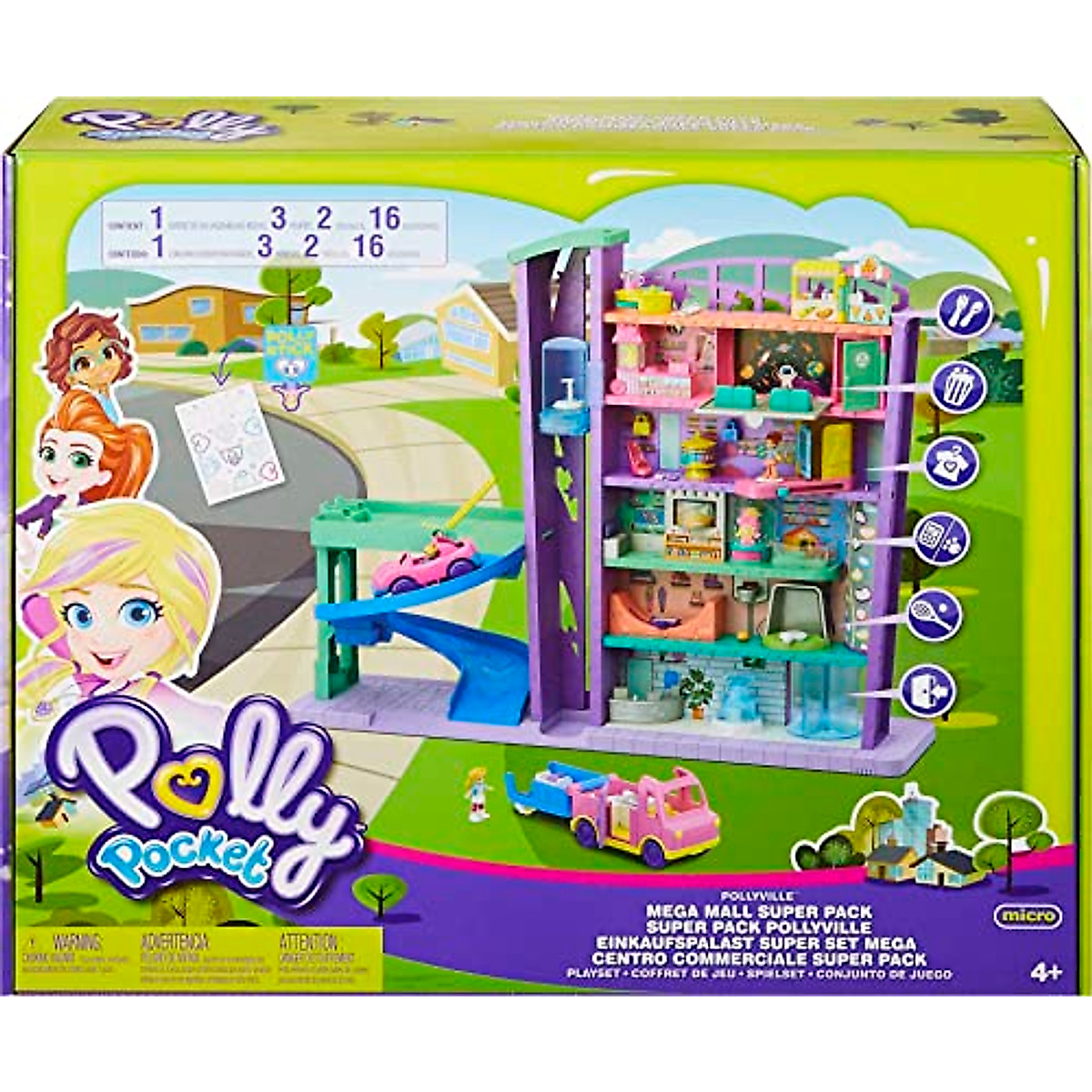 Polly Pocket Playset with 3 Micro Dolls, 1 Toy Car, Food and Shopping Accessories, Pollyville Mega Mall Toy