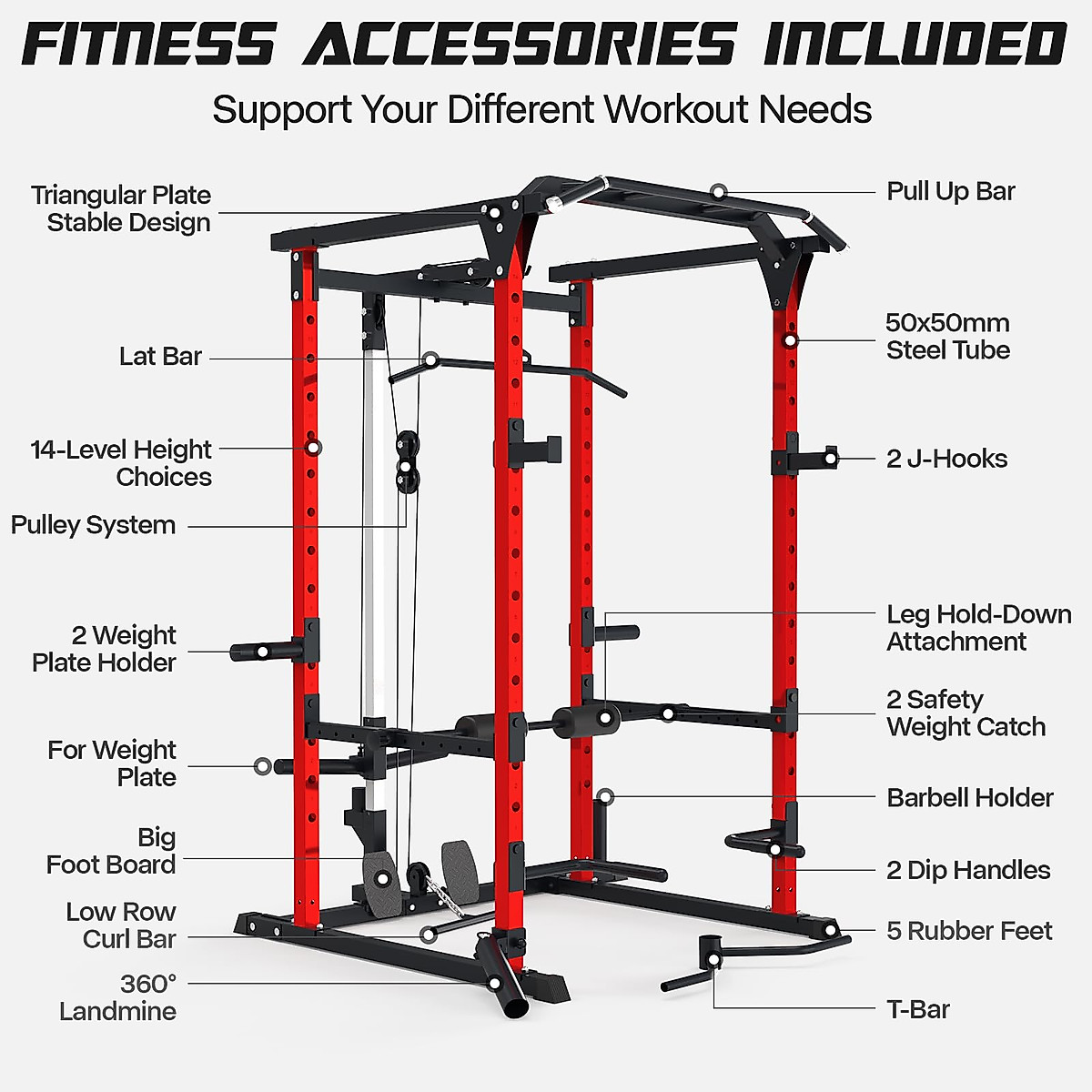 Mappding 1500 LBS Power Cage, Squat Rack for Home Gym with LAT Pullup System with 3 Grip Variations, Leg Hold-Down Attachment, Weight Cage with More Training Attachment for Garage Workout, Q2 Red