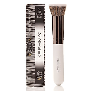 Foundation Brush Flat Top Kabuki By Keshima - Premium Foundation Brush for Liquid Makeup, Cream, and Powder - Buffing, Blending, and Face Brush (Regular Size, White)