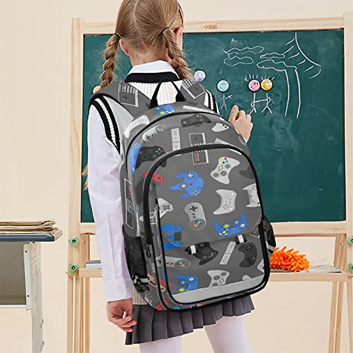 Glaphy Video Game Grey School Backpack Lightweight Laptop Backpack Student Travel Daypack with Reflective Stripes