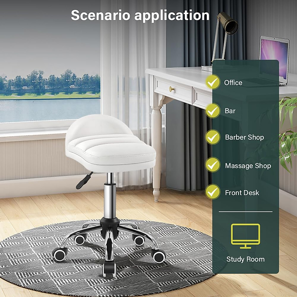 BFTOU White Rolling Stool Chair with Wheel Perfect for Home Work SPA Massage Height-Adjustable and Cost-Effective Swivel Stool with Low Back