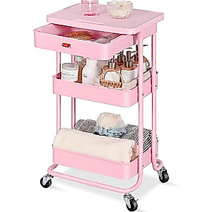 TOOLF Rolling Storage Cart with Drawer & Table Top, 3 Tier Metal Rolling Utility Cart, Rolling Cart Organizer for Teacher Craft Baby Nursery, Utility Cart for Kitchen Bathroom Bedside Office(Pink)