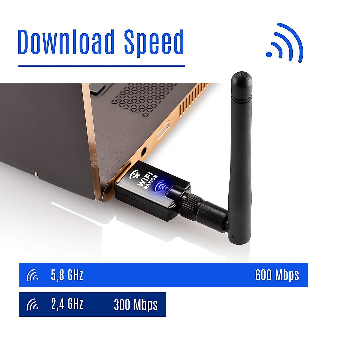 WiFi Nation® 802.11ac AC600 Fast USB WiFi Adapter, Wireless dongle with 2dBi dipole SMA Antenna, chipset: Realtek RTL8811AU, Dual Band 2.4GHz or 5GHz, Windows, MacOS and Linux Supported