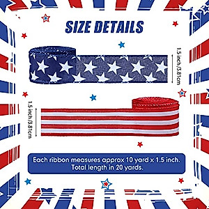 2 Rolls 20 Yard Red White and Blue Ribbon Patriotic Star and Striped Wired Ribbon Royal Blue USA Ribbon DIY Crafts for 4th of July, Independence Day, Memorial Day (Red, White, Blue, 1.5 Inch)