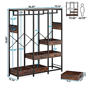 Tribesigns Closet Organizer with 6 Open Drawers, Heavy Duty Freestanding Clothes Garment Rack with 2 Hanging Rods, Shelf and Hooks, Large Metal Clothing Rack Open Wardrobe for Bedroom, Rustic Brown