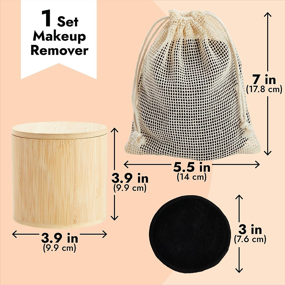 Glamlily 16 Pack Reusable Cotton Rounds for Makeup Removal with Bamboo Holder and Mesh Storage Bag (Black)