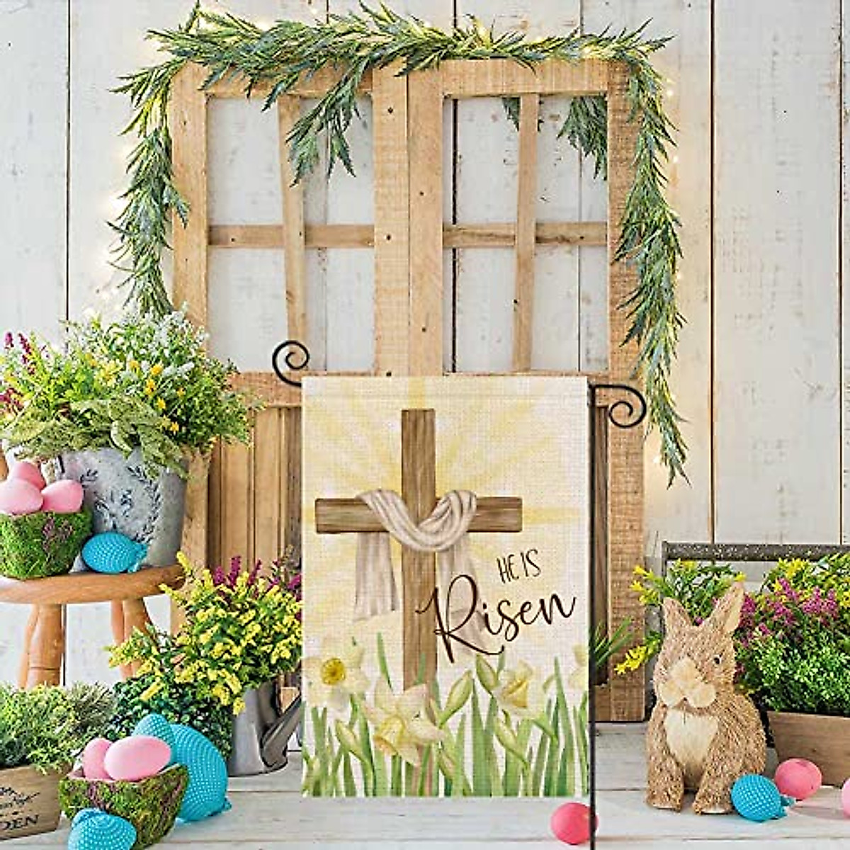 Easter Cross Garden Flag 12x18 Inch Double Sided,Religious Cross He is Risen with Narcissus,Small Spring Yard Flag for Outside Farmhouse Seasonal Holiday Outdoor Decor
