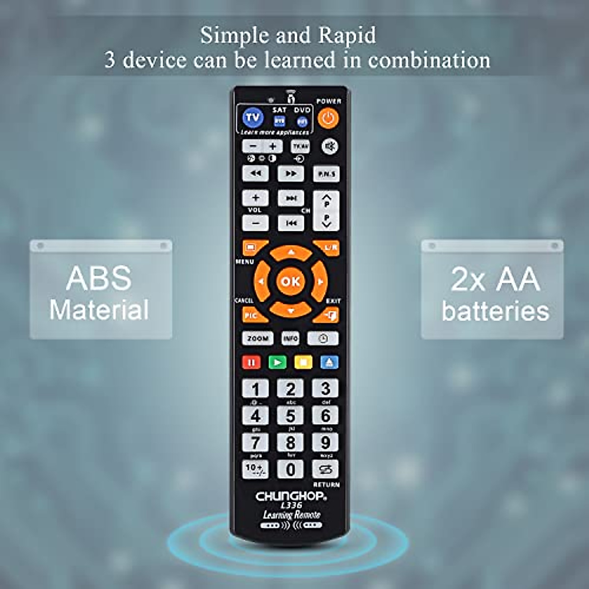 CHUNGHOP Universal IR Learning Remote Control for Smart TV VCR CBL DVD SAT STR-TV CD VCD HI-FI, for All Brands IR Remote 3 in 1 Programmable Controller L336