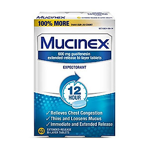 Chest Congestion, Mucinex 12 Hour Extended Release Tablets, 40ct, 600 mg Guaifenesin Relieves Chest Congestion Caused by Excess Mucus, #1 Doctor Recommended OTC expectorant