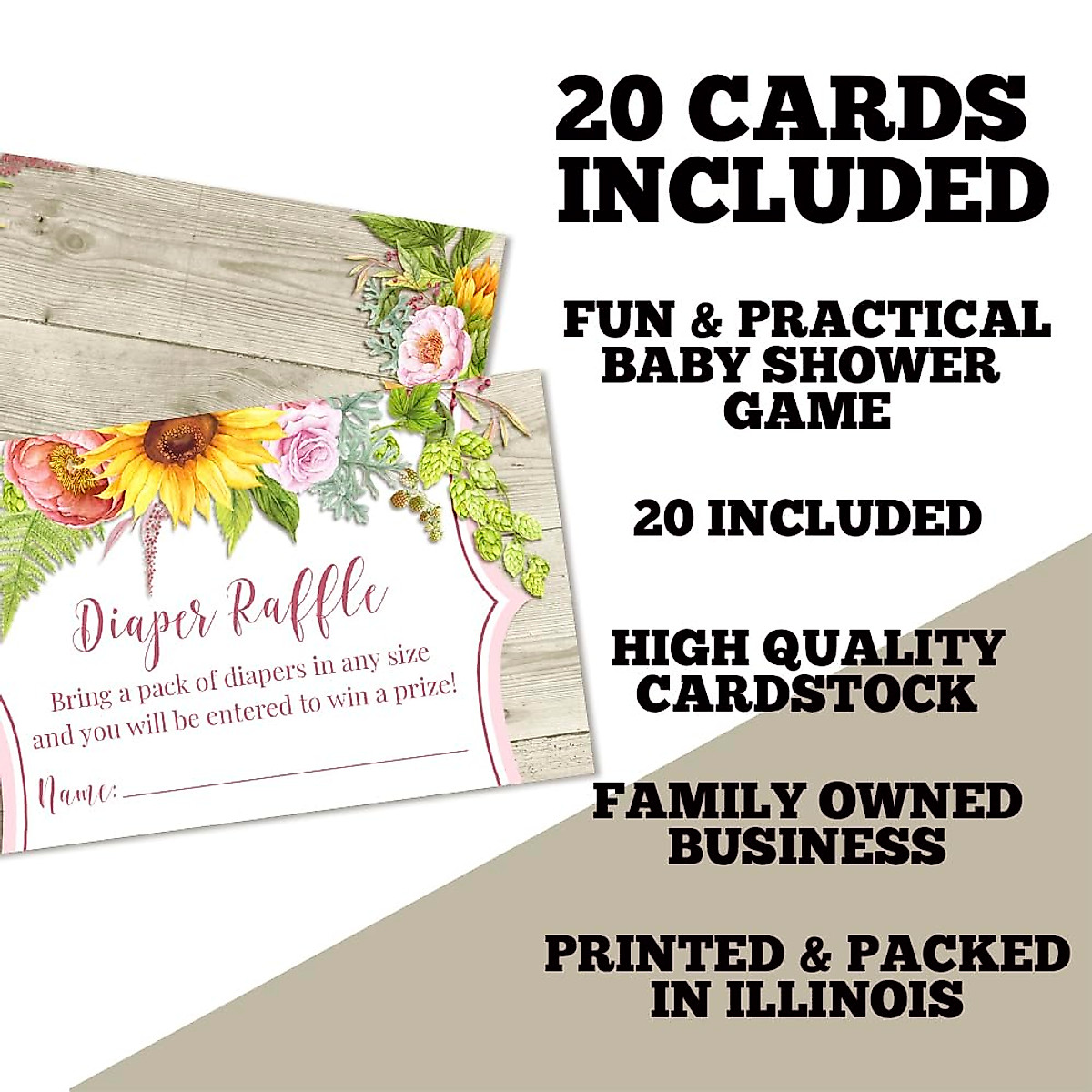 Amanda Creation Watercolor Sunflower, Dahlia, & Peony Floral Diaper Raffle Tickets for Baby Showers, 20 2" X 3” Double Sided Inserts, Bring a Pack of Diapers to Win Favors & Prizes!