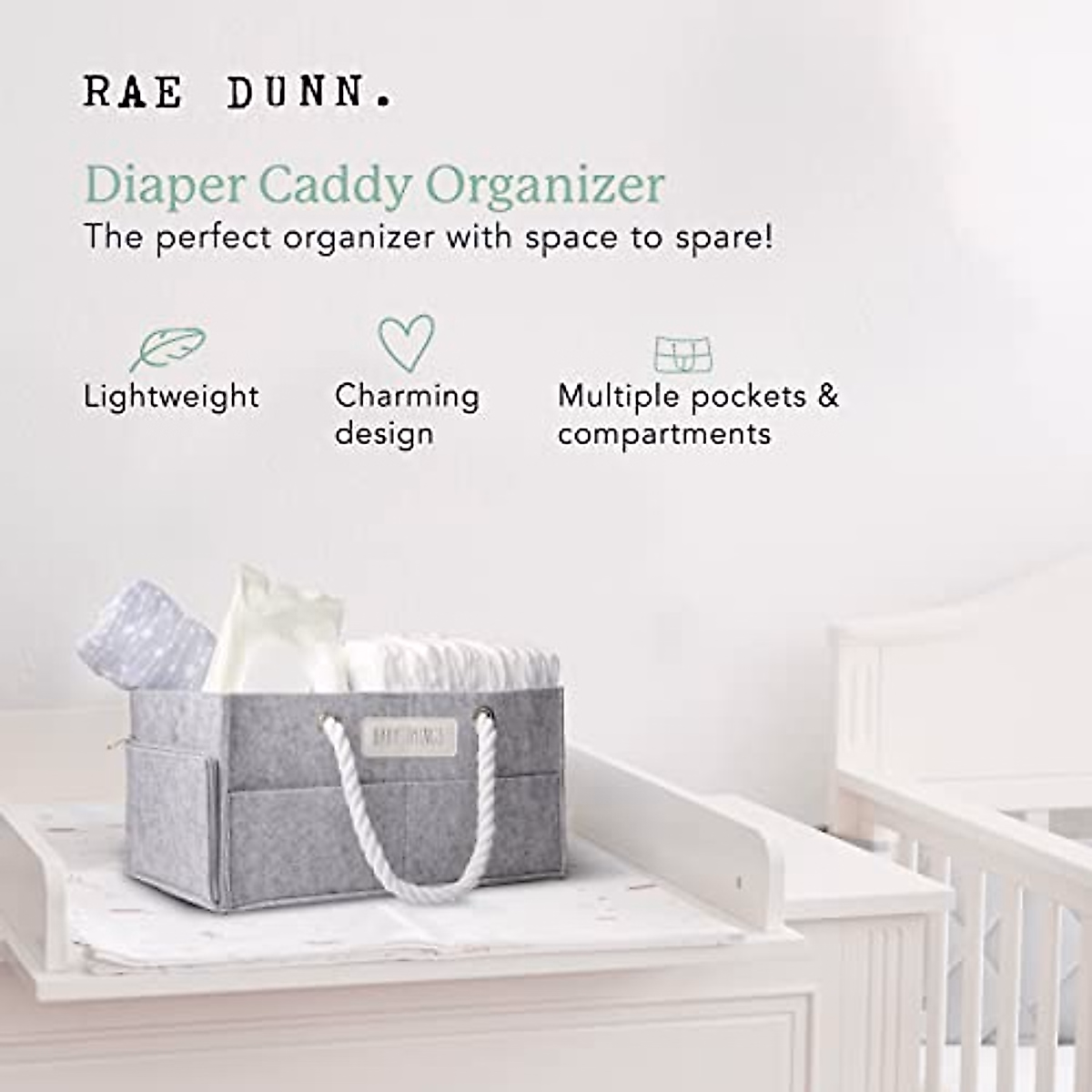 Rae Dunn Baby Diaper Caddy Organizer, Baby Things Storage Organizer for Nursery, Changing Table and Car, Portable Basket for Baby Items, Baby Shower Gifts, Grey Felt with Rope Handles, Small