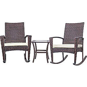 3 Piece Wicker Patio Furniture Sets, Outdoor Wicker Rocking Chairs Patio Bistro Set, Rattan Chairs Patio Furniture Set for Porch Lawn Poolside Backyard with Glass Coffee Table, Brown and Beige