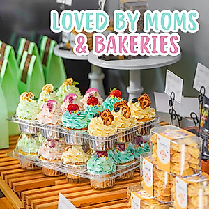wookgreat (12 Pack x 25 Sets) Stackable Cupcake Carrier with 300 Pack Cupcake Liners and 30 Spoons, Plastic Cupcake Boxes Holders for 12 Cupcakes, Cupcake Containers, Clear Disposable Cupcake Trays