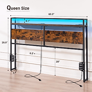 ELYKEN Queen Size Headboard Only with Power Outlet & Colorful LED Strip Light, Headboard for Adaptable Bed Frame Brackets Adapter, Heavy Duty Queen Headboard, Easy Assembly, Rustic Brown