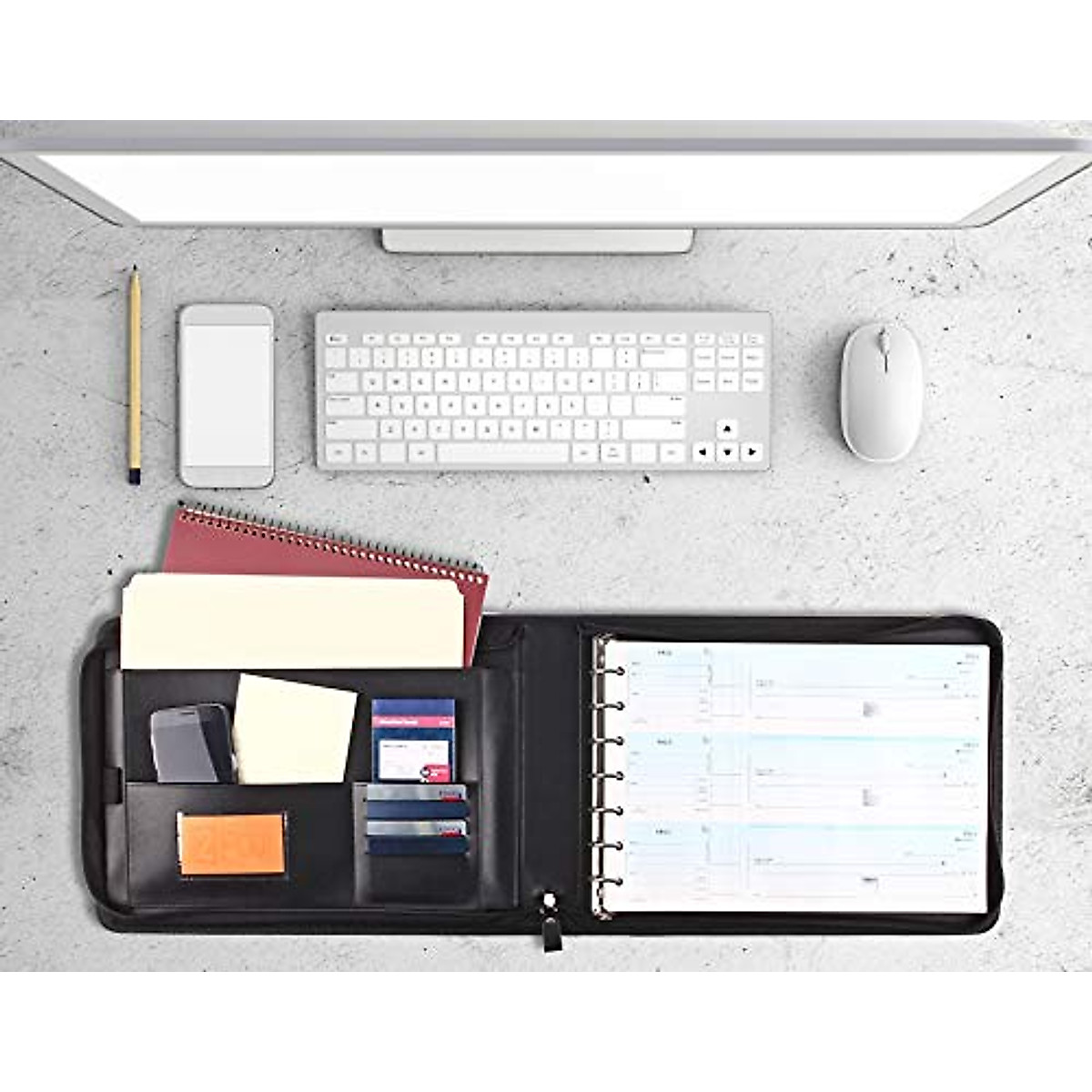 2Fold Zippered Business Check Binder 7 Ring for 3-Up Business Size Checks with Extra Business Card Case - PU Leather Deluxe 7 Ring Checkbook Binder Portfolio with 600 Check Capacity and Storage