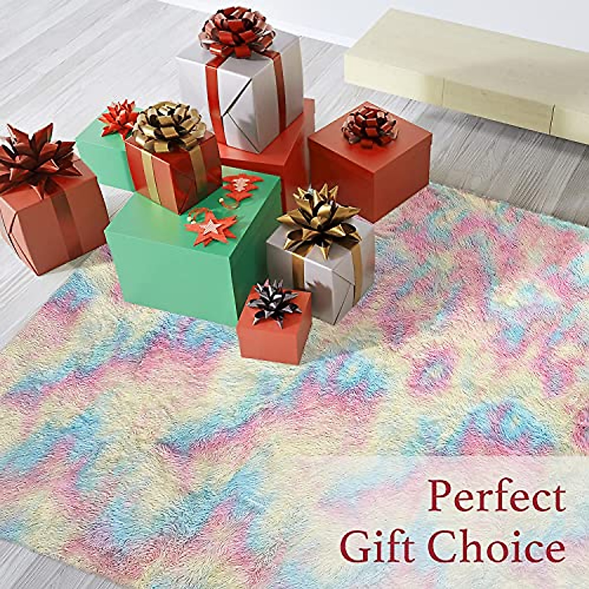 VUDECO 5x8 Large Fluffy Rainbow Rug Colorful Rug for Kids Rug Playroom Bedroom Rugs for Girls Bedroom Area Rug Living Room Rug Rainbow Carpet for Kids Girls Room Fuzzy Rug Large Fur Pink Rug Bedroom