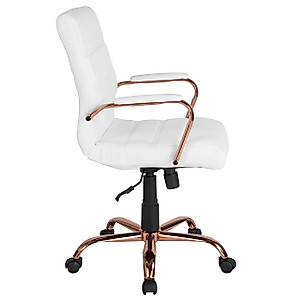 EMMA + OLIVER Mid-Back White LeatherSoft Executive Swivel Office Chair - Rose Gold Frame/Arms