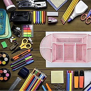 KWAGOCAR Pink Desk Organizers and Accessories Pencil Holder for Desk Cute Mesh Pen Holder Desk Organizer Trendy Mesh Office Desk Supplies with 8 Compartments and 1 Drawer Stationery Home School, Pink