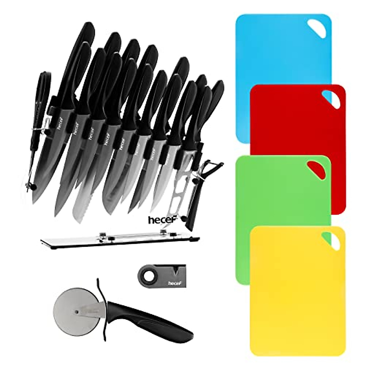 hecef 25 pcs Kitchen Knife Set with Block - 8 Cooking Knives, 8 Serrated Steak Knives, 4 Cutting Mats, Pizza Wheel, Scissors, Peeler, Knife Sharpener & Acrylic Stand (Gray Titanium)